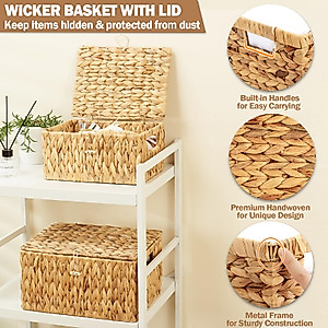 Edergoo Wicker Basket with Lid, Water Hyacinth Storage Baskets for Shelves, Large & Small Wicker Storage Basket with Lid and Built-in Handles, Hand Woven Wicker Baskets for Storage 2 Pack