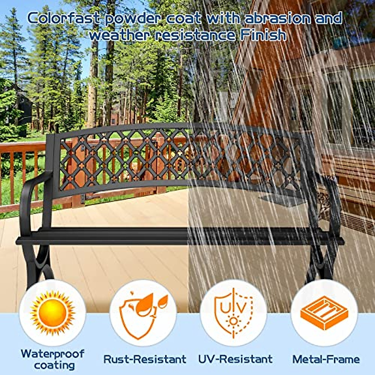 Outdoor Bench Garden Bench, Weatherproof Anti-Rust Heavy-Duty Outside Bench Clearance, Wrought Iron Metal Bench for Front Porch, Patio, Park, Ergonomic Backrest, Slatted Seat, Black/ 50 Inch furniture
