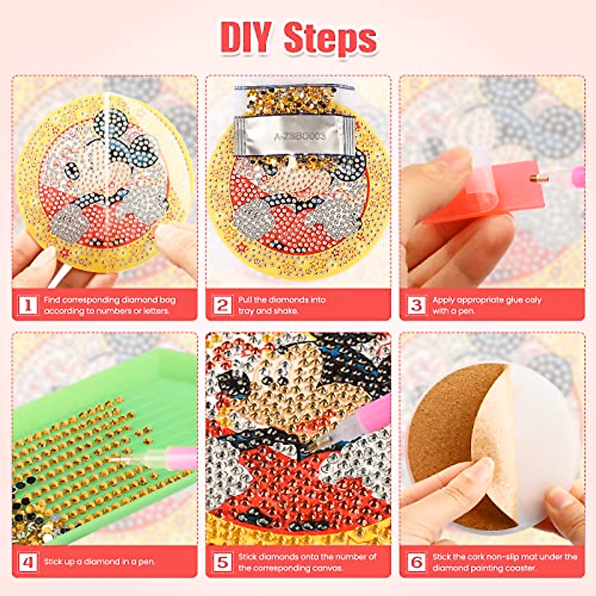 CEOVR 8 Pcs DIY Diamond Painting Coasters for Drinks with Holder, Cute Cartoon Mouse Diamond Art Coasters Set Housewarming Gift for Friends Men Women Birthday Home Living Room Kitchen Bar Decorations
