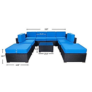 MCombo 9 Pieces Patio Furniture Sets with Glass Coffee Table, Outdoor Sectional Sofa with Two Ottomans,Wicker Patio Conversation Set with Cushions 6082-9pc (Blue)