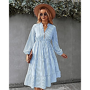 YOXUA Women's Striped Shirt Dresses Stand V Neck Midi Dress Pleated Ruffle Casual Long Sleeve Dress