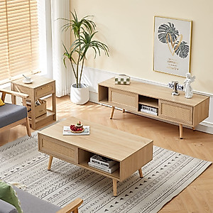 Tansole Natural Oak Modern Coffee Table, Rectangular with Storage, Rattan Woven Design, Living Room Center Table, 41.34x21.65x16.34 inches, 36.3 pounds