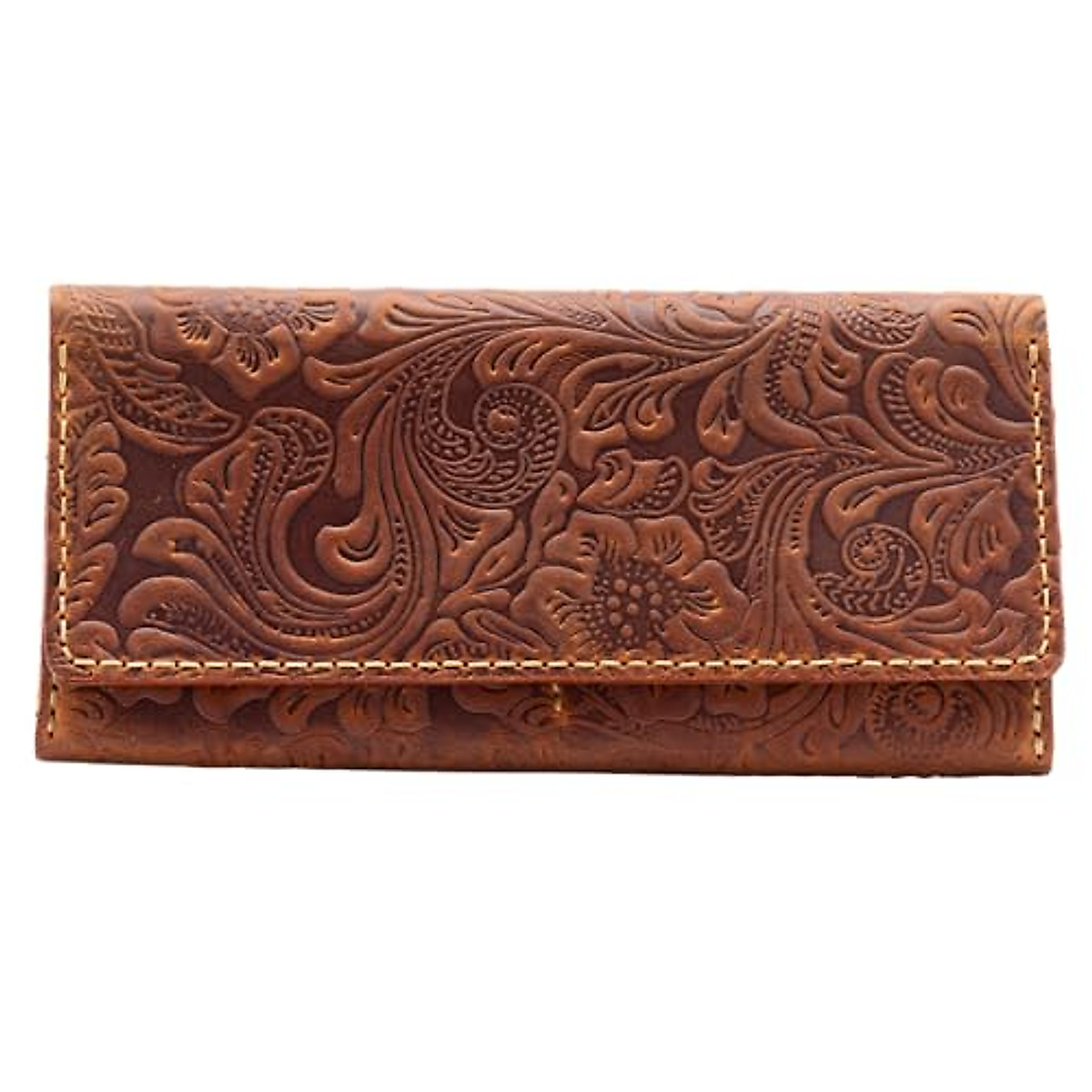 Toros Craft Handmade Western Wallets for Women, Genuine Tooled Leather & Long Credit Card Holder, Cowhide Slim Cell Phone Case, Large Capacity, Cute Clutch & Purse & Handbag (Camel)