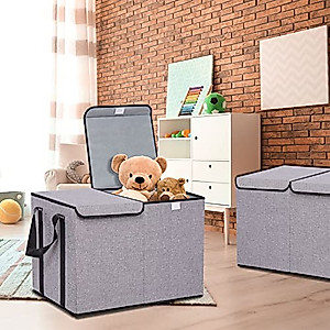 OUTBROS Box Chest Storage Organizer with Double Flip, 17.7 * 11.8 * 11.8 inch Collapsible Sturdy Boxes Organizer Bins with Big Handles, for Nursery, Playroom, Clothes, Blanket, Bedroom (2 Pack, Grey)