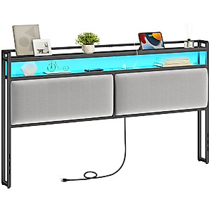 HOOBRO King Size Upholstered Headboard, Storage Headboard with Charging Station and Adjustable LED Lights, 2 Standard Outlets and 2 USB Ports, King Headboard Only, Easy Assembly, Black and Gray