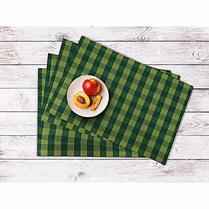 Urban Villa Green Checks Special 100% Cotton Fused Place Mats 14''x 20'' Over Sized Set of 6 Green Check Plaid Every Day Use Heavier Quality