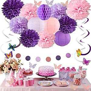 29 PCS Pink and Purple Party Decorations Set, Tissue Paper Pom Poms Paper Lanterns Honeycomb Balls Circle Dots Garland Butterfly Hanging Swirl Butterfly Decorations for Bridal Showers