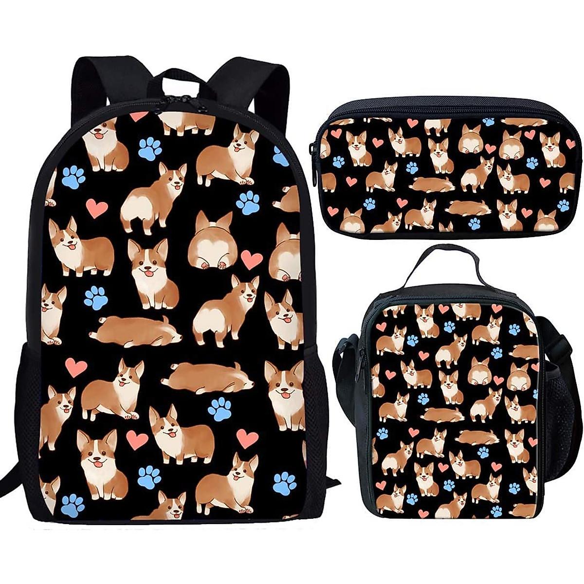 TOADDMOS Corgi Print Boys Girls Fashion School Bag Set Backpack with Lunch Box and Pencil Case, Middle School Student Bookbag Set
