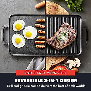 GreenPan x Bobby Flay Cast Iron Pre-Seasoned 11” Reversible Double Burner Rectangle Grill/Griddle, Helper Handles, Induction Suitable, Versatile Stovetop, Oven, BBQ & Fire, Indoor/Outdoor Use, Black