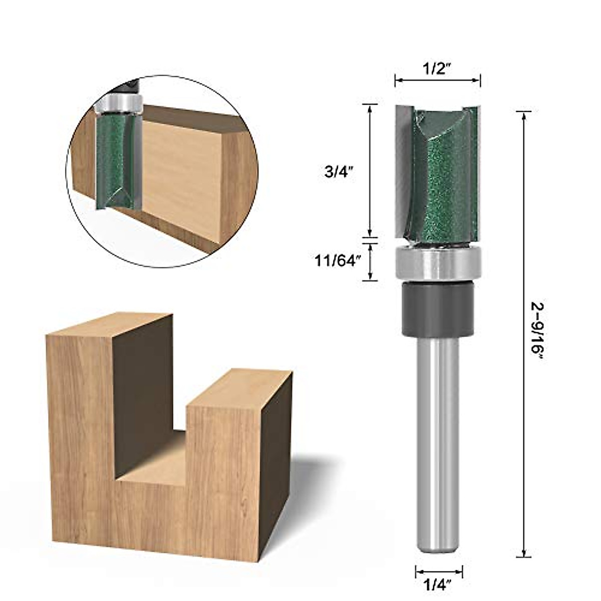 Straight Router Bit with Bearing, Wolfride 4PCS Flush Trim Template 1/4-Inch Shank Top Bearing Pattern Router Bit