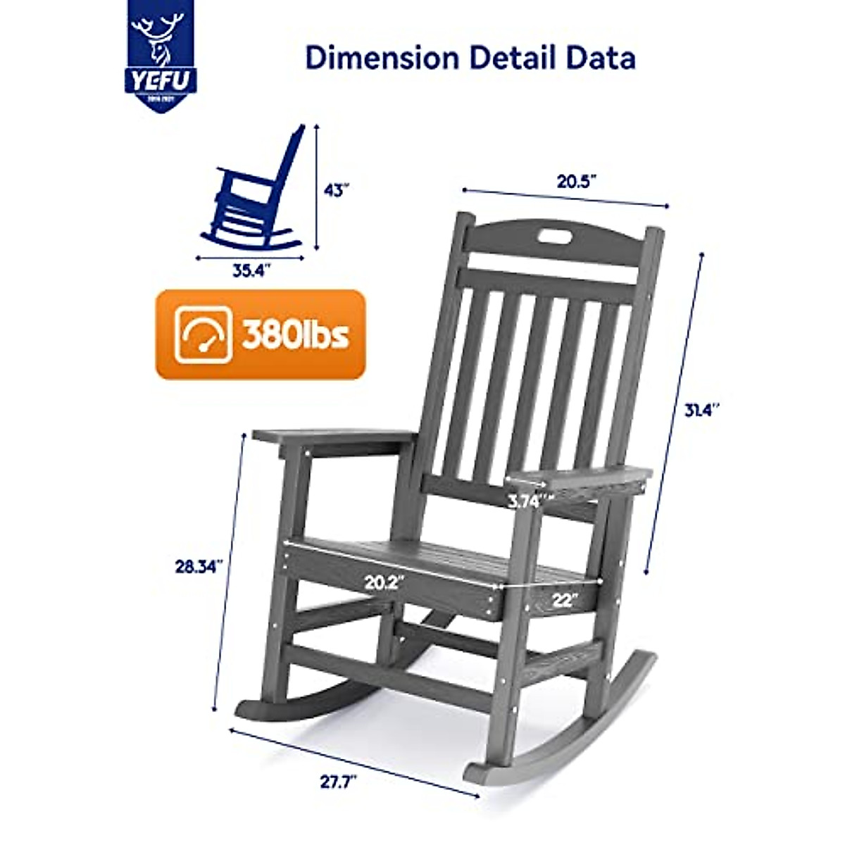 YEFU Outdoor Rocking Chair with Thin Cushion, Adirondack Chair for Indoor and Outdoor, Used in Patio, Fire Pit, Deck, Garden, Campfire Chairs(Gray Chair+Gray Cushion)