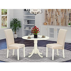 East West Furniture DLBA3-WHI-01 3 Piece Modern Dining Table Set Contains a Round Wooden Table with Dropleaf and 2 Cream Linen Fabric Upholstered Parson Chairs, 42x42 Inch, Linen White