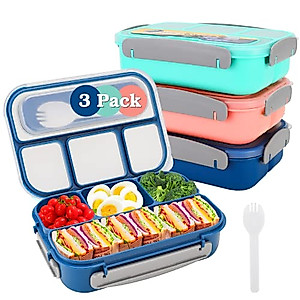 Qipecedm 3 Pack Bento Box Lunch Box Adults And Big Kids, Bento Box Adult Lunch Box with Cutlery, 1300ML 4 Compartment Lunch Box Containers, Leak Proof, Microwave/Dishwasher/Freezer Safe