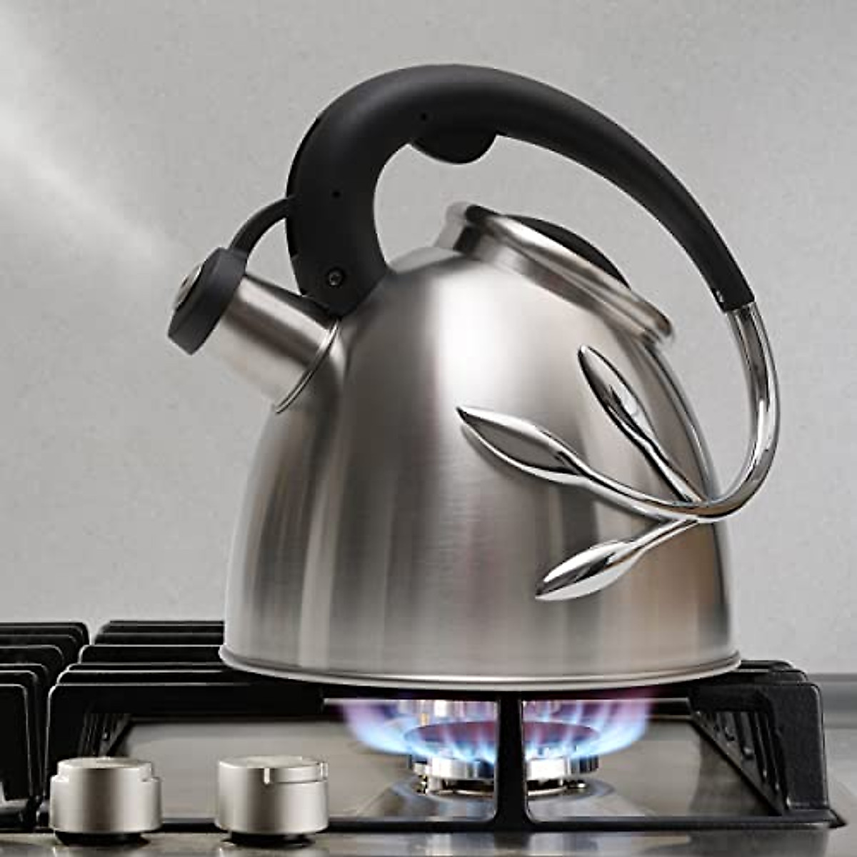 Everyday Solutions Whistling Tea Kettle; Vine Collection - Brushed Stainless Steel Kettle w/Ergonomic Heat Resistant Handle & Leaf Design - for Gas, Electric, or Convection Cooktop - 2 Quart Capacity