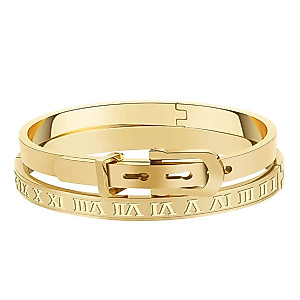Jarlinwel Gold Silver Plated Bracelets for Men Women Roman Numeral Bangle Bracelet Stainless Steel Personalized Engraved Unisex Gift (2 Pcs Womens Gold Bangle)