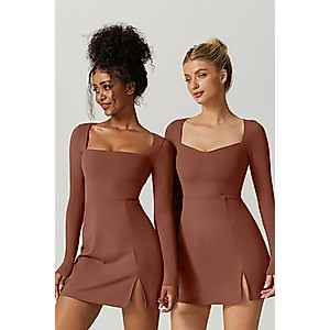 QINSEN Brown Dress for Womens Long Sleeve Sweetheart Neckline Bodycon Mini Dress for Casual L