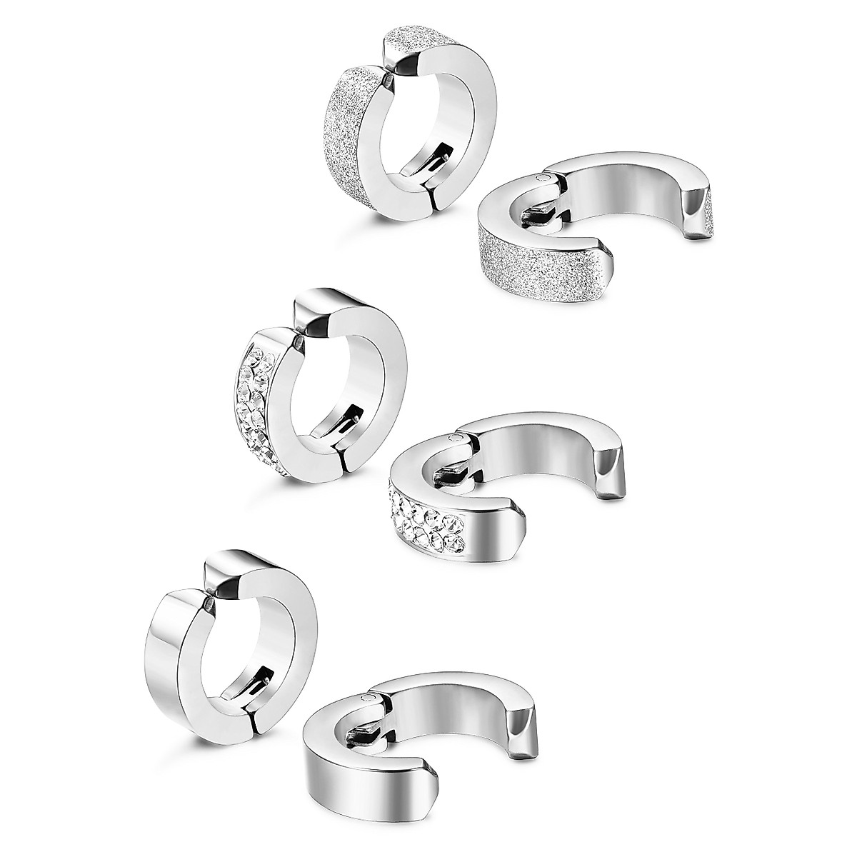 Jstyle 3 Pairs Stainless Steel Mens Womens Hoop Earrings Clip On CZ Non-Piercing S