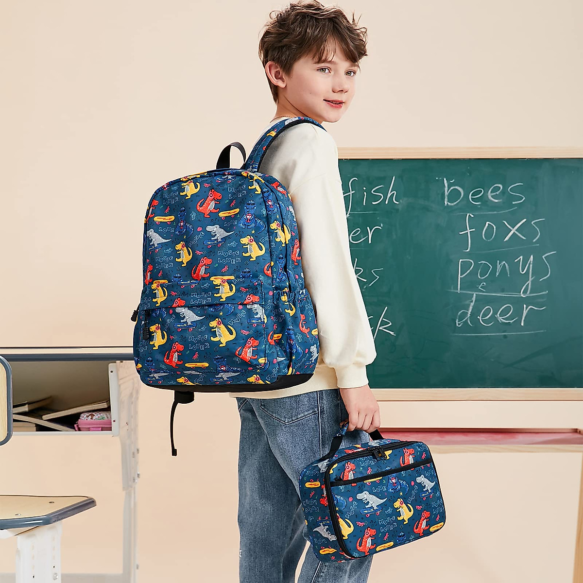 Dinosaur Backpack For Boys School Backpack Toddler Waterproof Travel Bag Kindergarten Backpack With Lunch Box (Dinosaur-Blue)