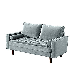 Container Furniture Direct Womble 58 Inch Velvet Loveseat Sofa with Elegant Button Tufted Upholstery, Square Arms, Splayed Wood Legs, Includes Matching Bolster Pillows, Steel Blue