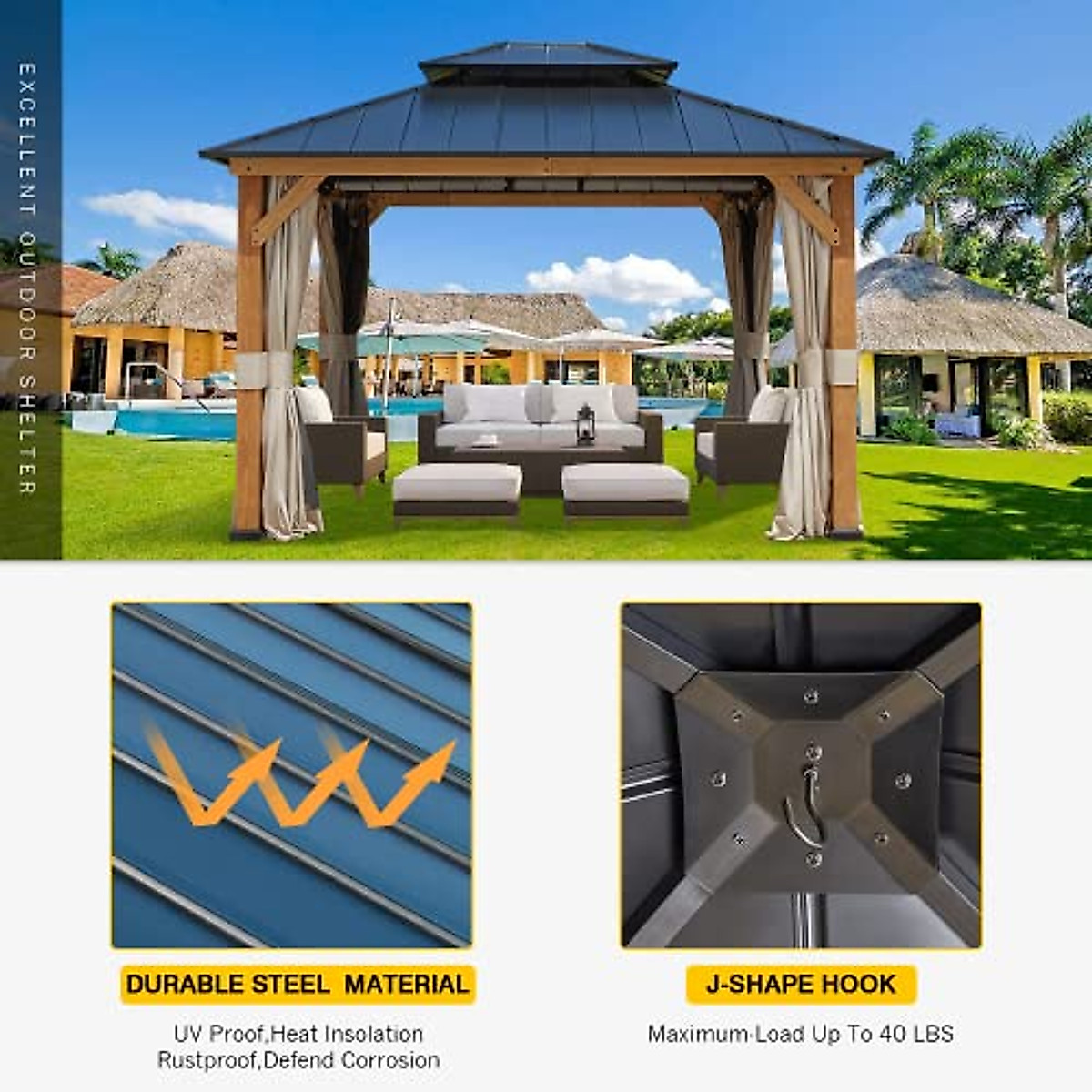 YOLENY 11' x 13' Spruce Wood Gazebo, Outdoor Hardtop Gazebo with Privacy Curtains and Mosquito Netting for Patio, Garden, Backyard, Poolside