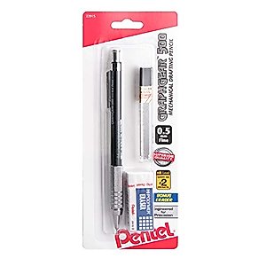 Pentel Graph Gear 500 Automatic Drafting Pencil with Lead and Mini Eraser, 0.5 mm (PG525LEBP),Black,1 Pack w/ Lead & Eraser