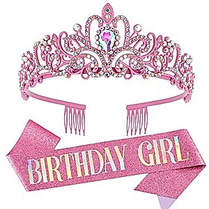 "Birthday Girl" Sash & Rhinestone Tiara Set COCIDE Birthday Sash and Tiara for Women Birthday Decoration Kit Rhinestone Headband for Girl Glitter Crystal Hair Accessories for Birth Party (Pink Tiara + Pink Sash (2))