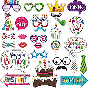29 Pieces Birthday Photo Booth Props Kit Colorful Funny Kids Birthday Theme Table Centerpiece Craft Cutouts with Glue Point Dots and Wooden Dowel Sticks for Birthday Party Celebration Decorations