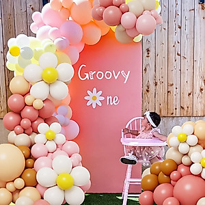 RUBFAC Pink Balloon Arch Kit, 147pcs Boho Blush Daisy Balloons Retro Dusty Pink Nude Sand White Brown Balloon for Valentine's Day Baby Shower Birthday Wedding Retro Hippie Groovy Party Decorations