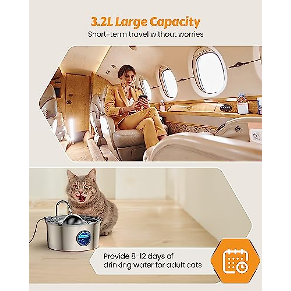 Cat Water Fountain Stainless Steel, AONBOY 108oz/3.2L Cat Fountain, Dog Water Fountain with Water Level Window, Hemispherical Shape, Multi-Filter, Silent Pump, Water Tap, Provides Flowing Water