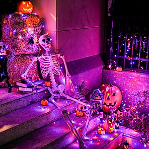 JMEXSUSS 66ft 200 LED Orange Purple Halloween Lights,2 Pack Solar Halloween String Lights, Outdoor Waterproof, 8 Modes Solar Fairy Lights for Garden Party Decorations