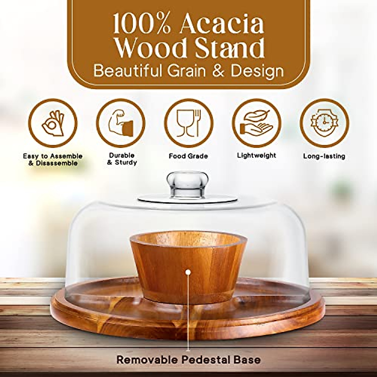 Acacia Wood Cake Stand with Clear Acrylic Dome Cover - 6-in-1 Multifunctional Cake Holder, Serving Platter, Salad Bowl, Punch Bowl, Veggie Stand, Snack Tray - Extra Large Cake Platter,