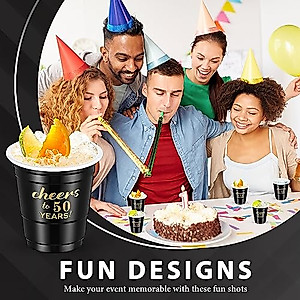 100 Pcs 2 oz Black Birthday Cups Plastic Stadium Cups Cheers to 30 40 50 60 Years Party Decorations Disposable Shot Cups for Men Women Anniversary Drinking Supplies(50 Years)