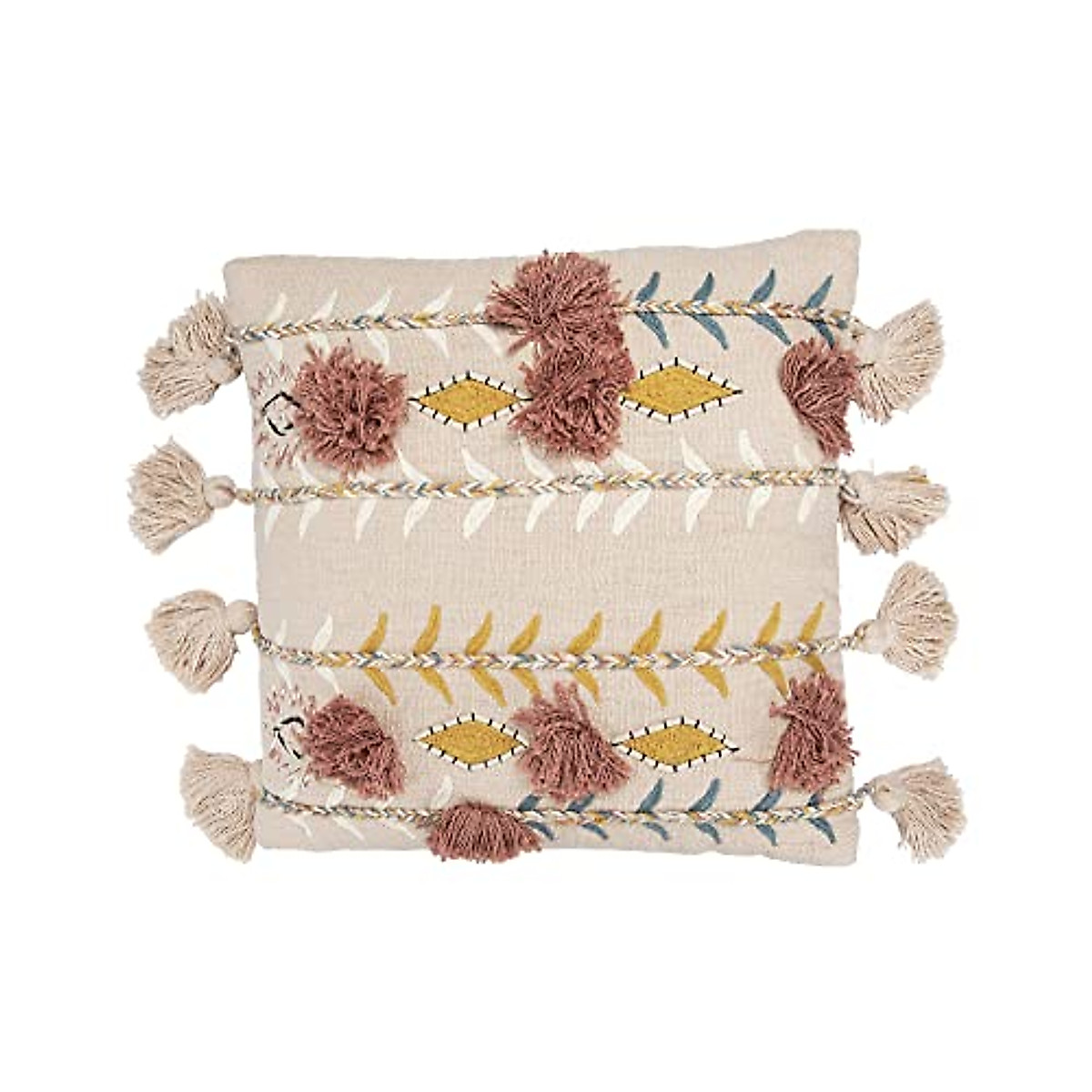 Creative Co-Op Creative Co-Op Cotton Embroidered Pillow with Tassels and Applique, Pink