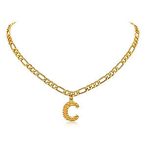 FOCALOOK Initial Necklace for Women Men Teens Letter C Pendant 14K Gold Plated Necklaces 18 Inch Figaro Chain (C)