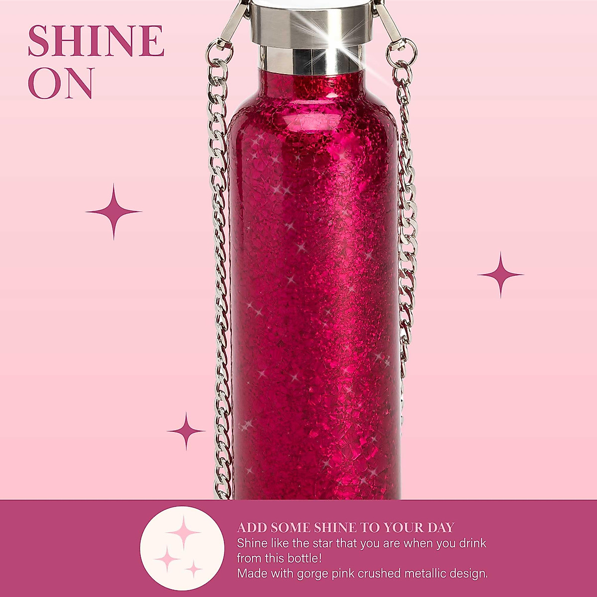 Paris Hilton Diamond Bling Water Bottle with Lid and Removable Carrying Strap, Stainless Steel Vacuum Insulated, Crackle Design, 25-Ounce, Pink Crackle