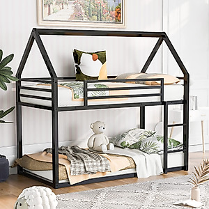 Merax Kids Heavy Metal House Low Bunk Bed Twin Over Twin, Montessori Floor Bunk Bed Frame with Ladder & Full-Length Guardrail, Space Saving Black