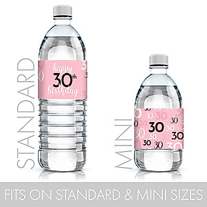 Pink, Black, and White 30th Birthday Party Water Bottle Labels - 24 Waterproof Wrappers