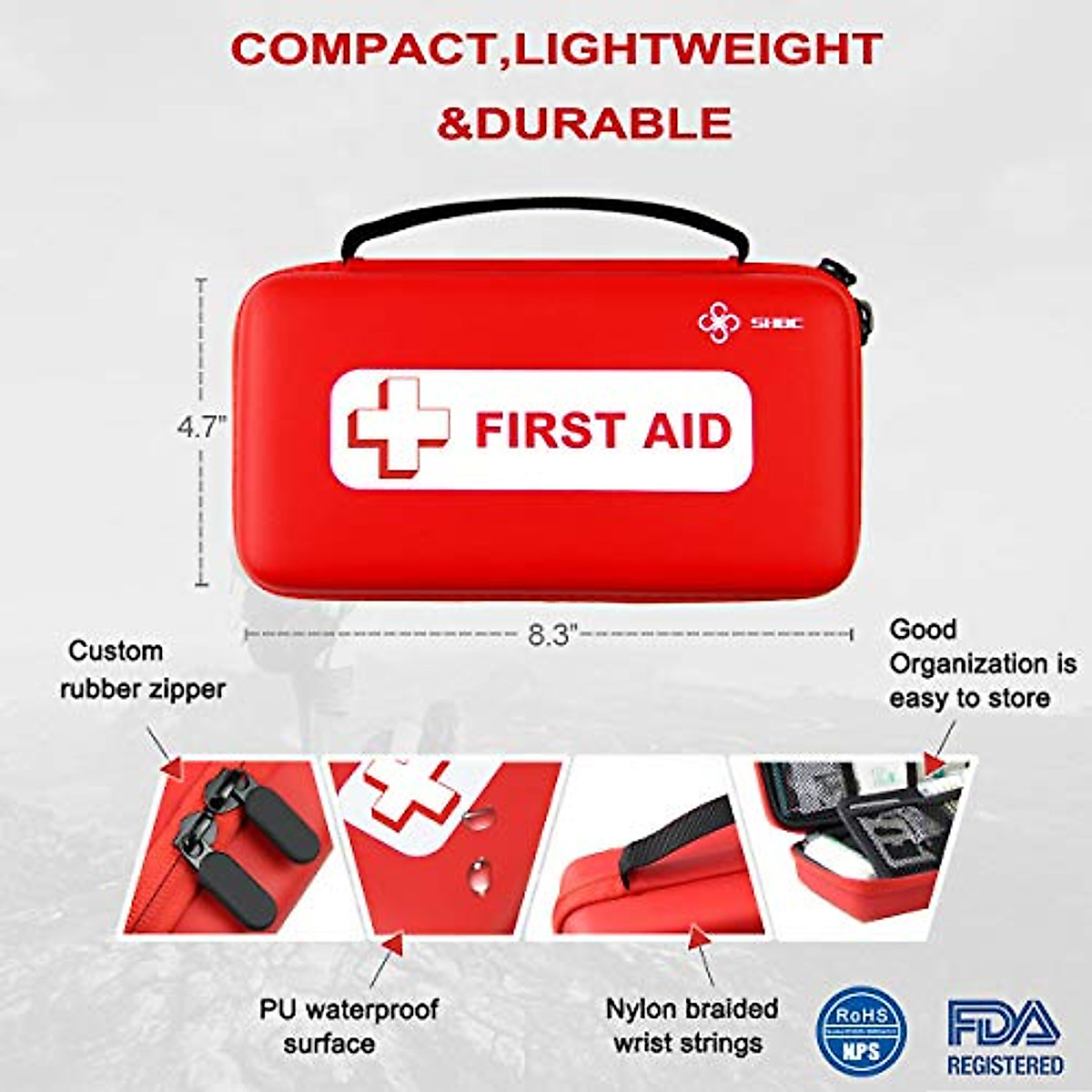 SHBC Small Travel First Aid Kit (152 Pieces) Compact Mini Waterproof Bag with Survival Medical Items for Car, Home, Travel, Hiking, Office, Outdoors, Boat, Camping, Workplace, and School.