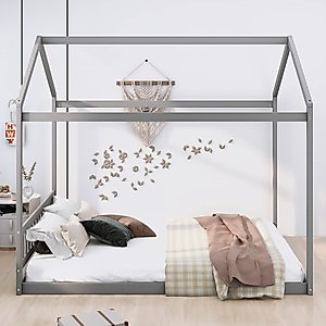 MERITLINE Queen Size House Bed for Kids, Wood Montessori Floor Bed with Headboard, Roof and Support Slats, Queen Floor Bed Frame for Toddler,Kids,Boys Girls, No Box Spring Needed (Gray)
