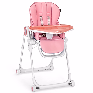 BABY JOY High Chair for Babies & Toddlers, Foldable Highchair with Adjustable Backrest/Footrest/Seat Height, Double Removable Trays, Detachable Seat Cushion, 4 Lockable Wheels (Pink)