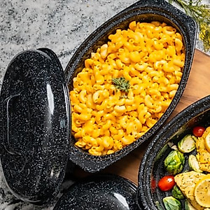 Granite Ware Roasting Set Covered 13 in and 15 in Oval roaster and 3 lb round roaster. Enameled Steel design to accomodate up to 7 lb and 10 lb poultry/roast. Resists up to 932°F.