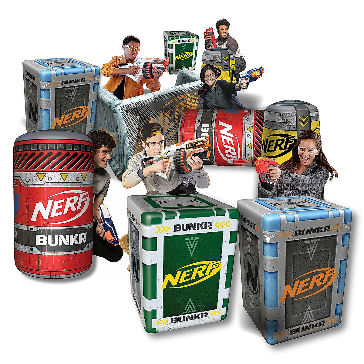 NERF BUNKR Officially Licensed Stadium Pack Inflatable Battlezone - 9 Piece Barricade Shield Bunker Set - Perfect for NERF Party NERF War