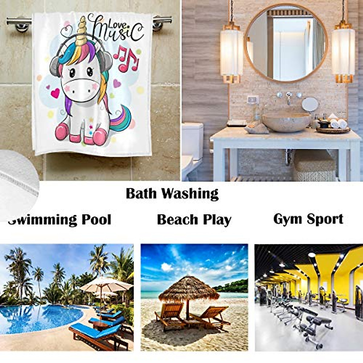 Pfrewn Cute Baby Rainbow Unicorn Hand Towels 16x30 in Unicorns Music Note Hearts Bathroom Towel Soft Absorbent Small Bath Towel Kitchen Dish Guest Towel Home Bathroom Decorations