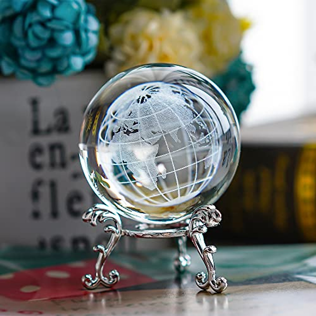 H&D HYALINE & DORA 2.3 inch (60mm) Clear Crystal Glass Ball Paperweight 3D Laser Engraved Earth Globe World Map Ball with Metal Stand Decor