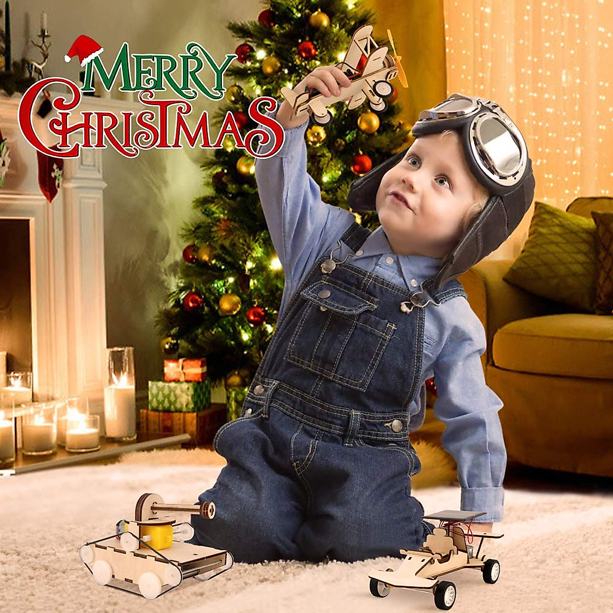 Mini Tudou 3D Wooden Puzzle Solar Car, 3-in-1 STEM Science Kit Toy to Build Wood Models Including Solar Power Vehicle Electronic Tank and Plane Toys Set, DIY Educational Play Set for Kids Boys Girls