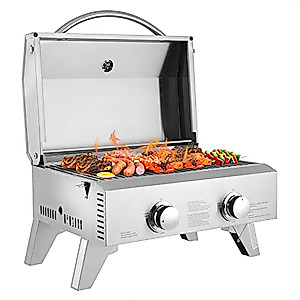 ROVSUN Extra Large 20,000 BTU Portable Gas Grill, 2 Burner Tabletop Propane Griddle with Foldable Legs, Regulator & Full Stainless Steel for Outdoor Picnic Camping Trip, Tailgating, Patio Garden BBQ Home Use