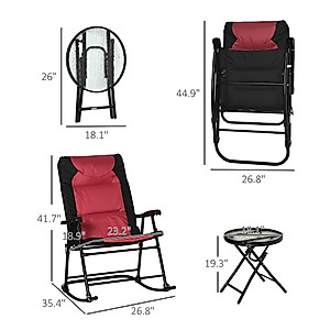 Outsunny 3 Piece Outdoor Patio Furniture Set with Glass Coffee Table & 2 Folding Padded Rocking Chairs, Bistro Style for Porch, Camping, Balcony, Red