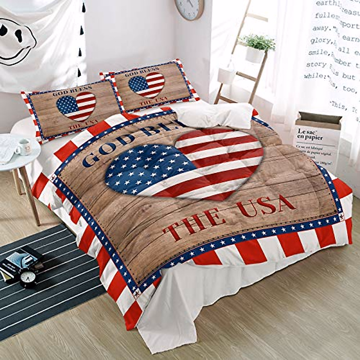 Independence Day Queen Duvet Covers American Flag Love Wood Plank 3-Piece Bedding Sets Luxury Soft Microfiber Bed Comforter Protector with Pillow Cases for Women Men Girl Boy Red White Plaid