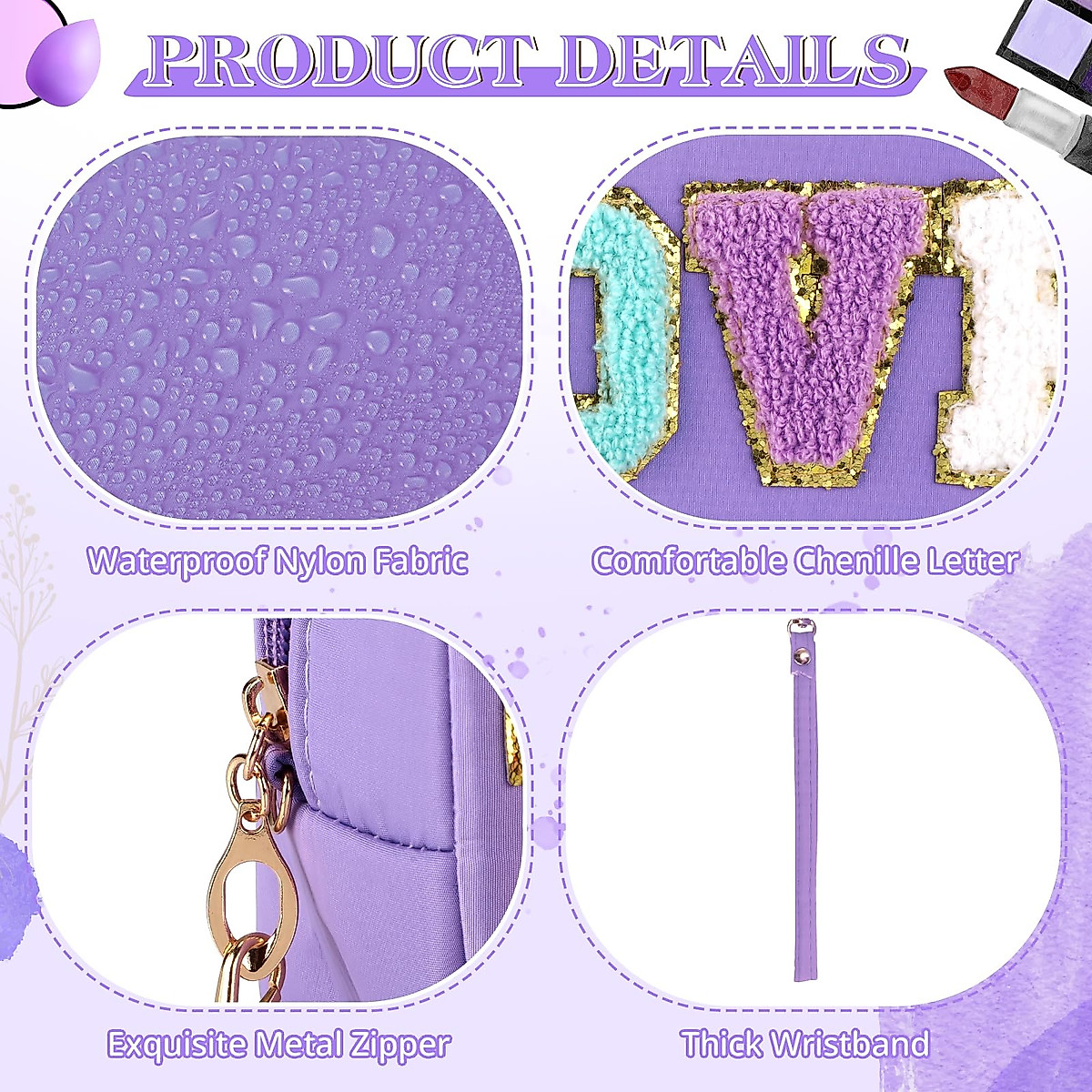 YESMET Preppy Makeup Bag, Chenille Letter Patch Cosmetic Bag, Portable Travel Makeup Organizer Bag with Wrist Strap, Nylon Waterproof Zipper Makeup Pouch Toiletry Bag for Women Girls (Purple)