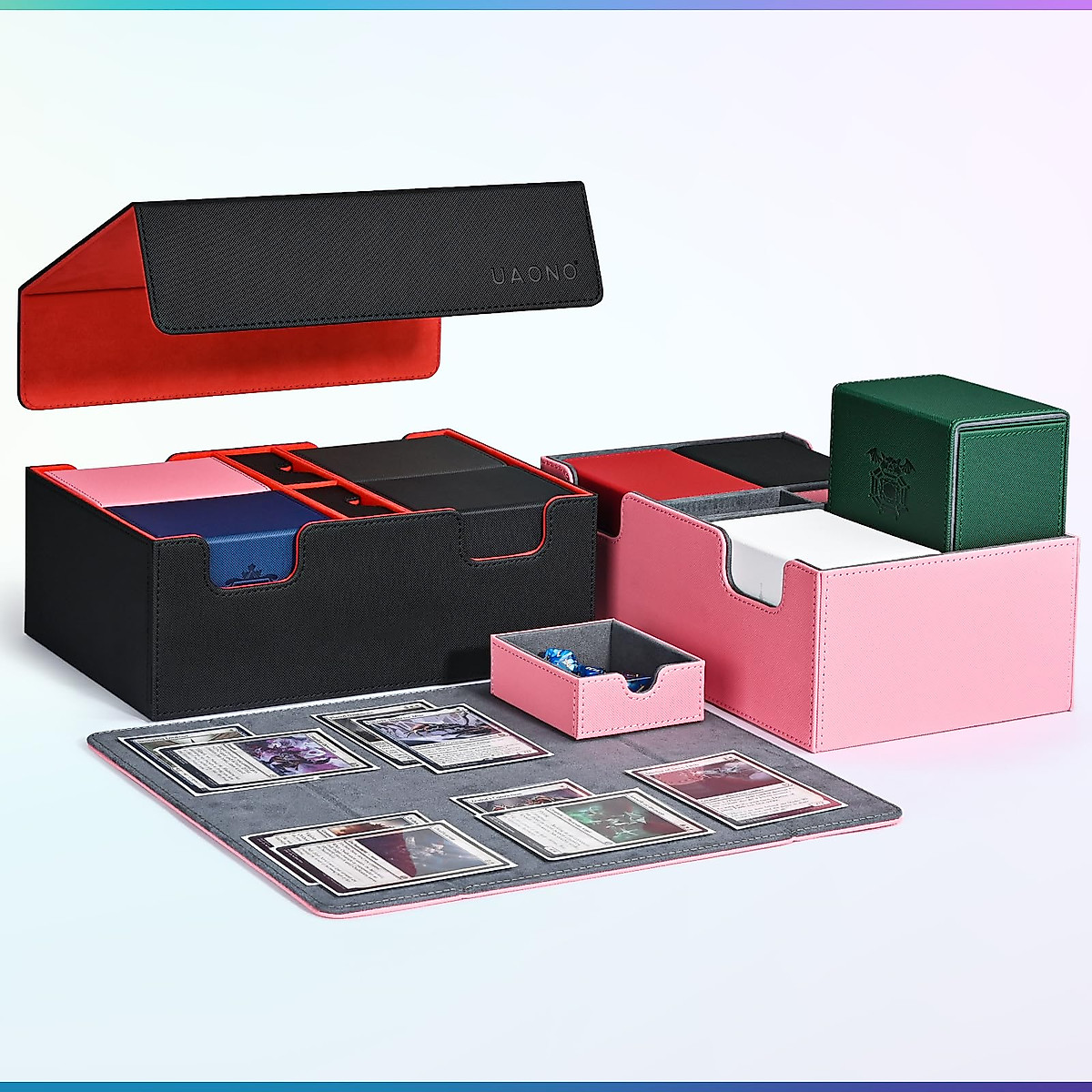 UAONO Card Deck Box with 4 PCS MTG Deck Box for Trading Cards, PU Leather Card Storage Box Holds 900+ Sleeved Cards, Large Card Deck Case Compatible with Commander Yugioh PTCG Cards (Pink Set)